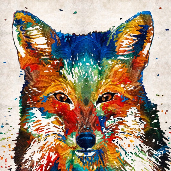 Colorful Fox Animal Art PRINT from Painting Primary Colors Red