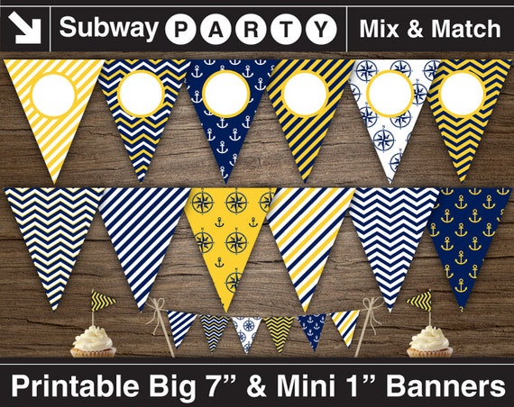 Printable Navy Yellow Nautical Party Banner and Mini Cake