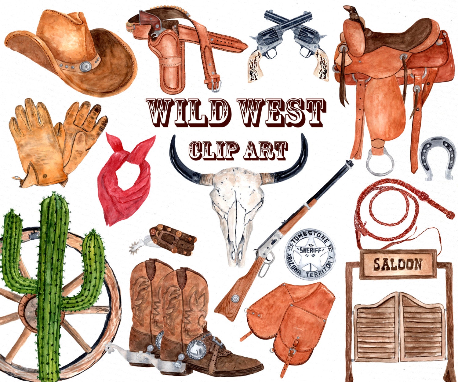 Watercolor Western Clipart: COWBOY CLIPART Skull