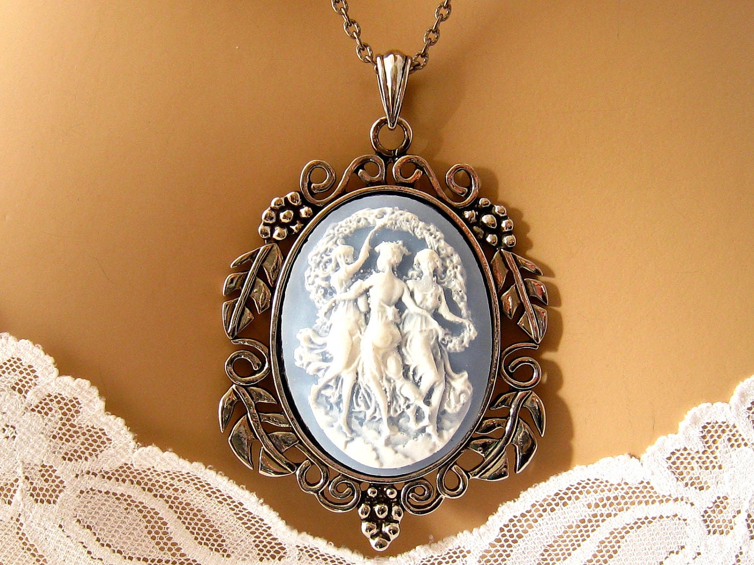Light Blue Cameo: The Three Muses Blue Cameo Necklace 3