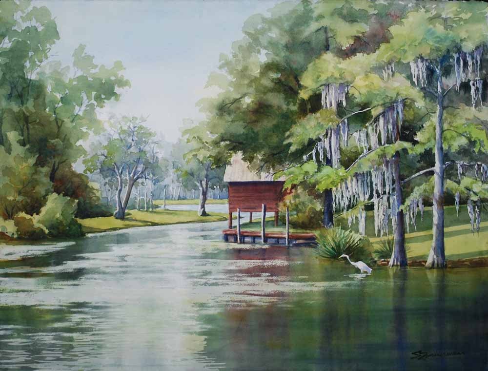 landscape painting bayou art boat house watercolor print