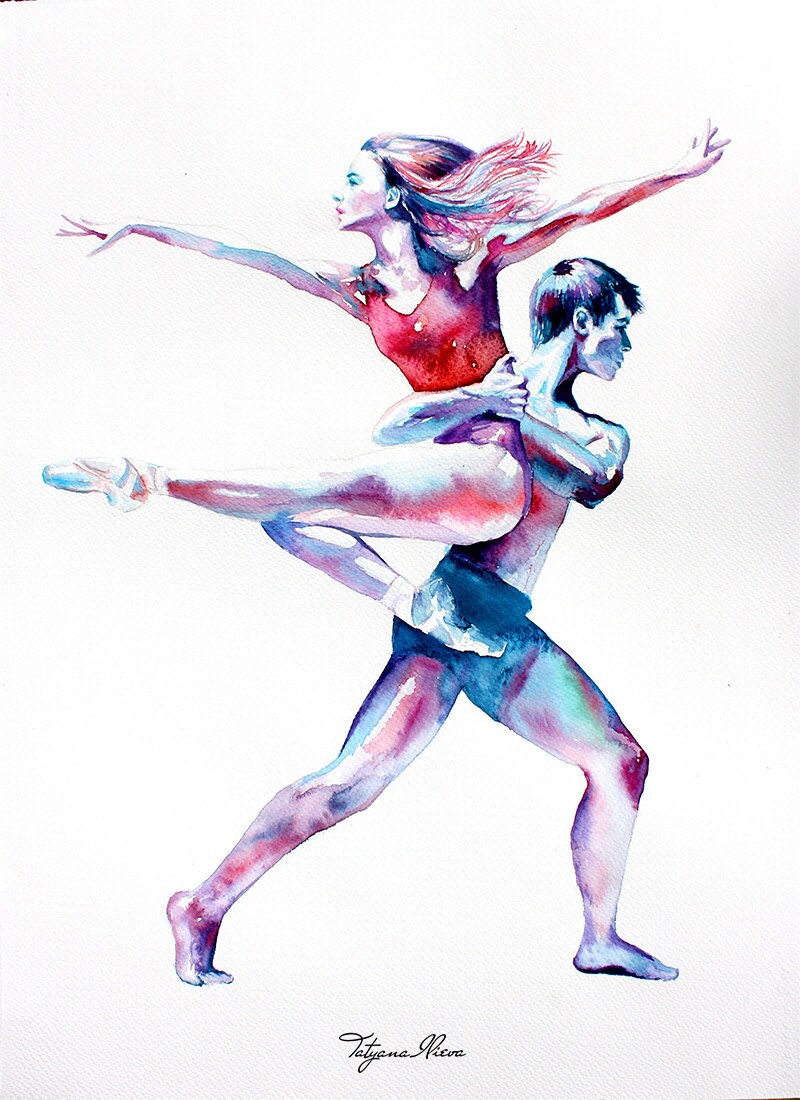 Original Watercolor Painting Portrait of dancers. Couple