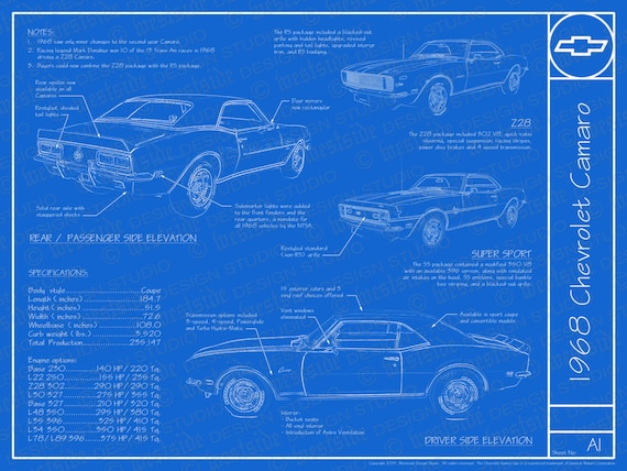 1968 Chevrolet Camaro blueprint poster 18x24 JPEG