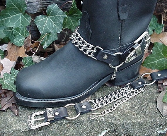 BIKER Boots BOOT CHAINS Black Leather with 2 Steel Chains