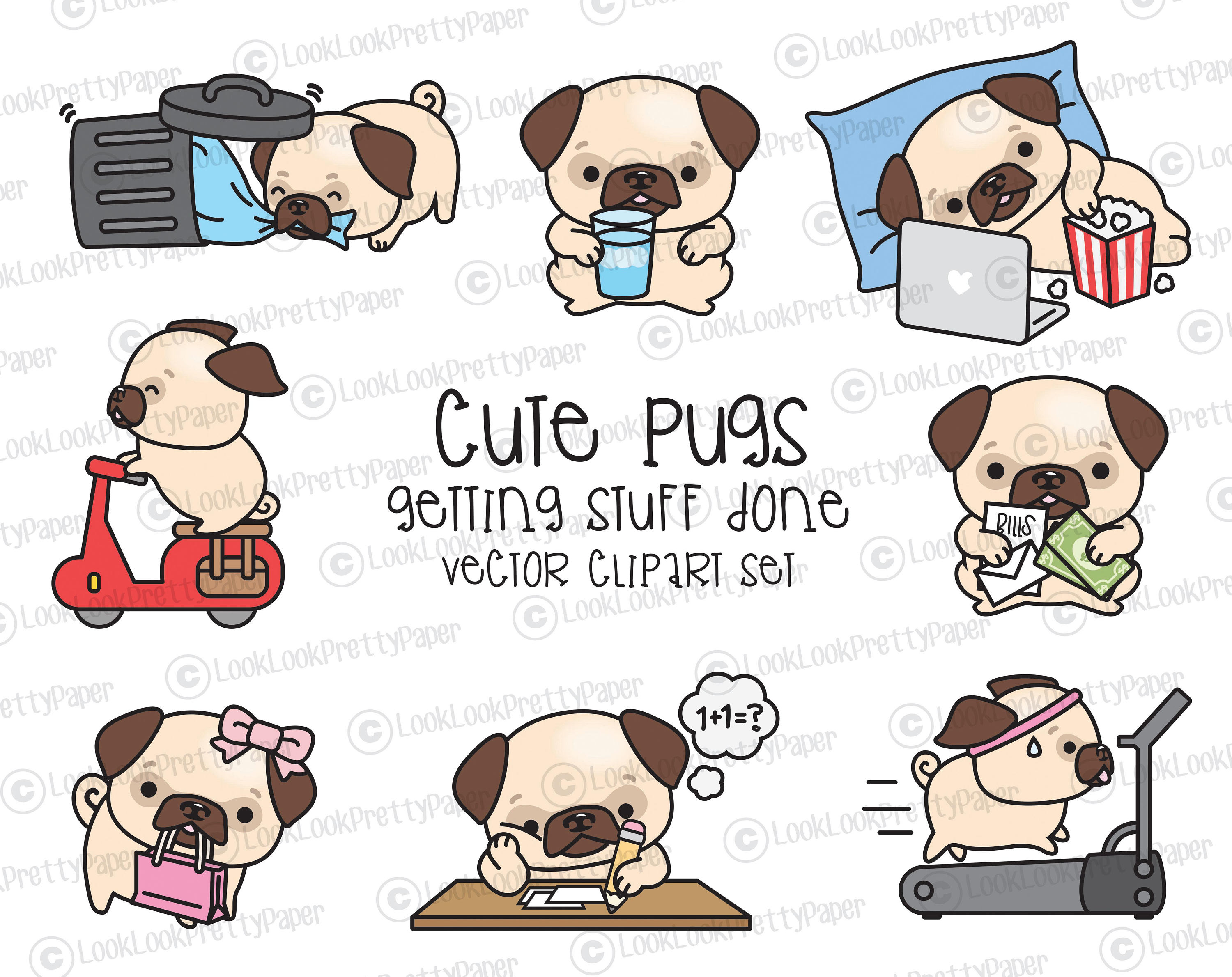 Premium Vector Clipart Kawaii Pug Cute Pugs Planning