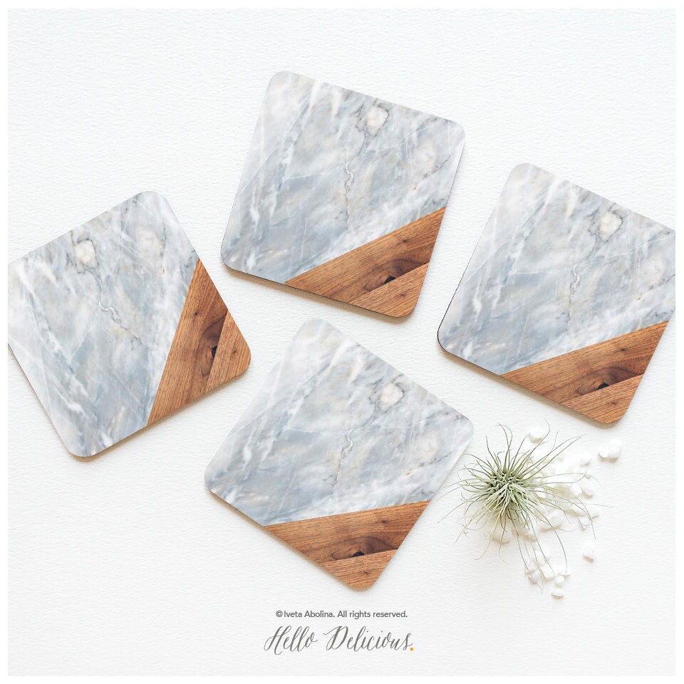 Coaster Set of 4 Faux Marble Wood Print Gray Geometric Cork