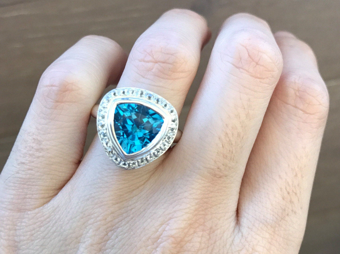 London Blue Topaz Ring Blue Engagement Gemstone Ring Triangle Halo London Blue Topaz Ring Blue Engagement Gemstone Ring Triangle Halo
