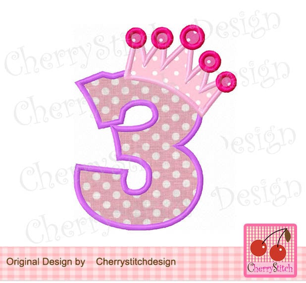 Number 3 with Crown Birthday Machine Embroidery Applique