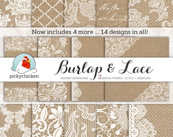 Burlap Lace Wedding digital paper: BURLAP LACE 2