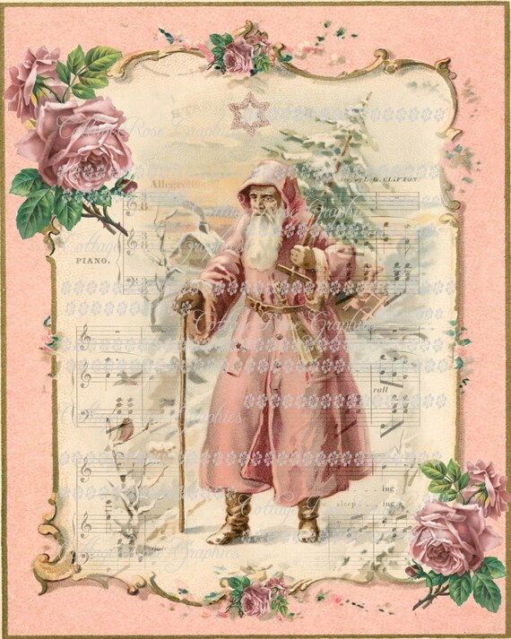 Pink Victorian Santa Vintage Christmas with roses Large