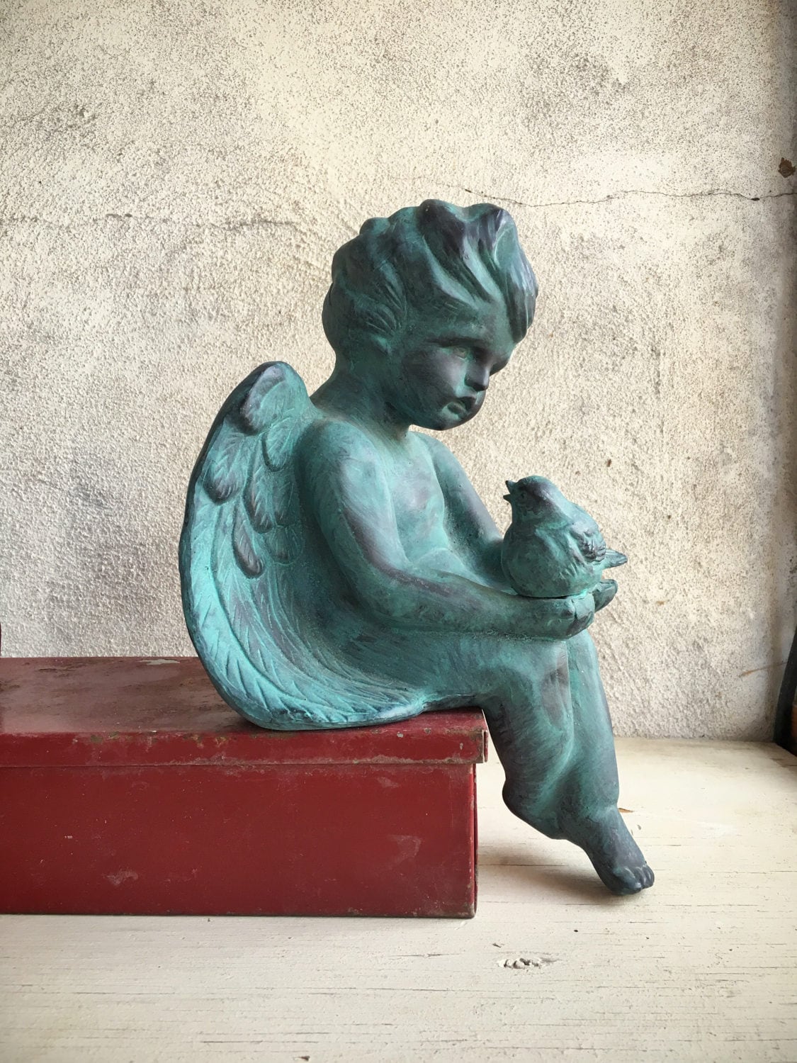 Vintage angel statue, teal cherub statue with bird, Easter angel decor ...