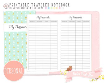 A5 My Passwords Traveler Notebook Refill. Printable TN PDF