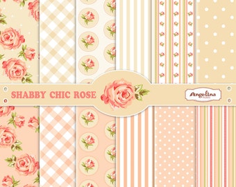 9 Shabby Chic Rose Pink and Gray Digital Scrapbook Papers 8x12