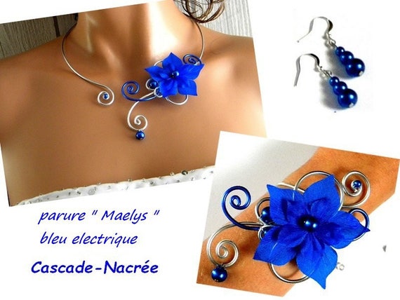 parure mariage Maelys bleu roi fleurs de soie alu argenté