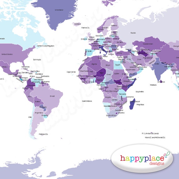 Purple World Map Wall Art in Large 20x30in & country labels