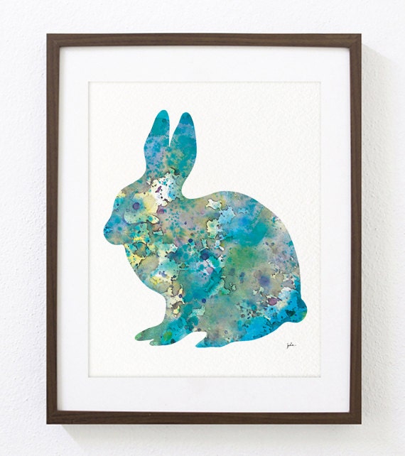Blue Bunny Rabbit Art Watercolor Painting 8x10 Print