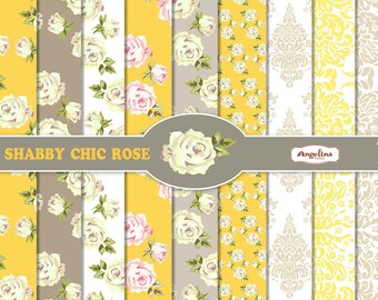 9 Shabby Chic Rose Pink and Gray Digital Scrapbook Papers 8x12
