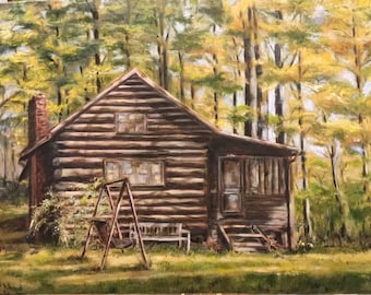 Log cabin painting | Etsy