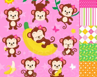 Cute Little Monkey Girl Clipart Set