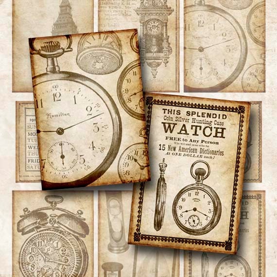 Digital Collage Sheet Time & Timepieces Clocks Pocket Watches