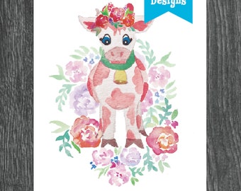 Farm. Cow & Goat. Watercolor country clipart calf little