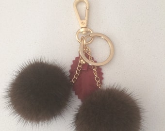 White Mink Bag Charm Keychain Keyring pompom with chain and