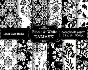 Digital Black Damask Paper Instant Download Black and White