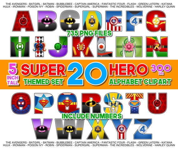 20 Super Hero Themed Full Alphabet Clipart 20 Full Alphabets