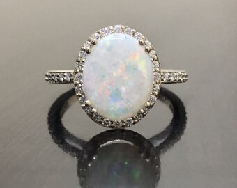 White Gold Opal Engagement Ring 14K White Gold Opal and