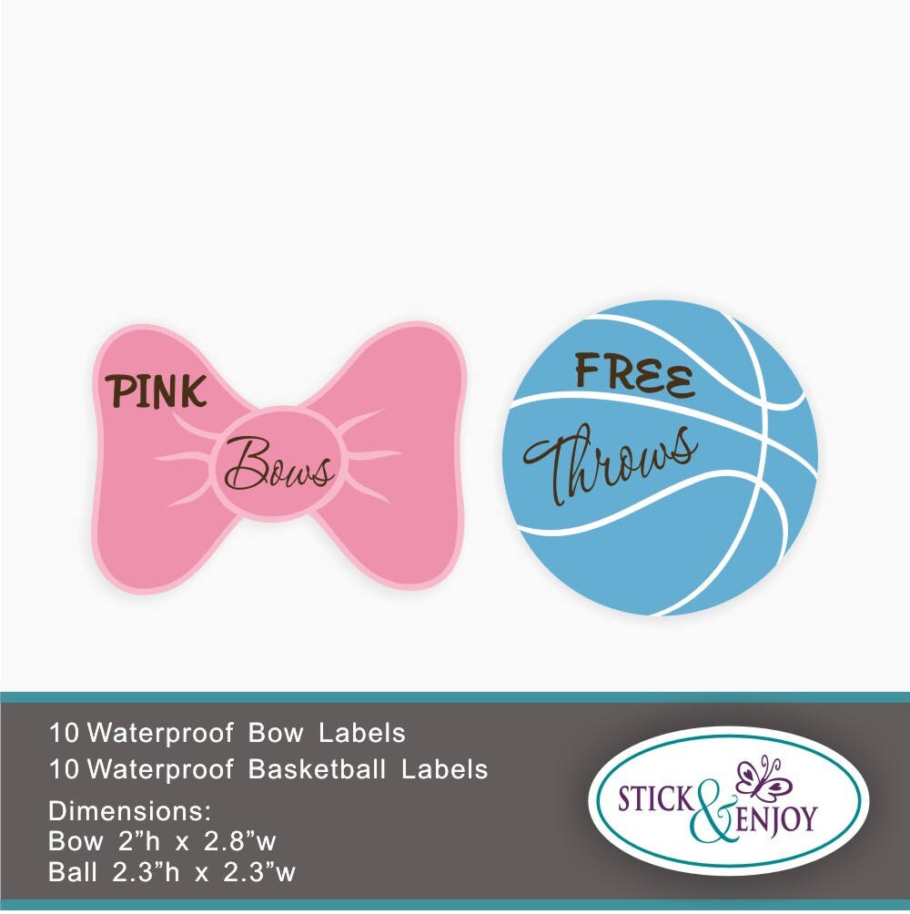20 Gender Reveal Party Stickers Free Throws or Pink Bows
