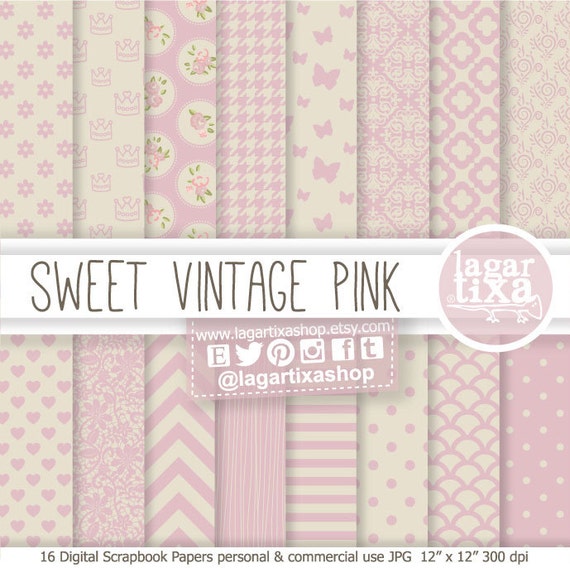 Vintage Pink Patterns Digital Paper Sweet Pink Beige old for