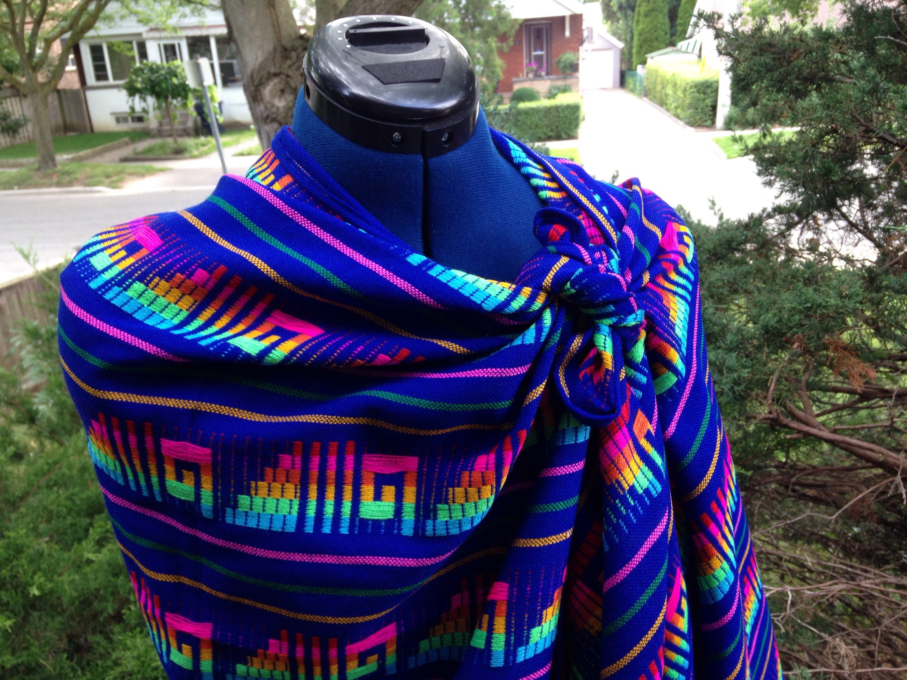 Mexican Fabric Shawl Aztec Cambaya Rebozo Royal Blue Long