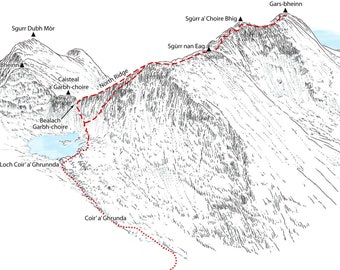 The Cuillin Ridge on the Isle of Skye. Line illustration