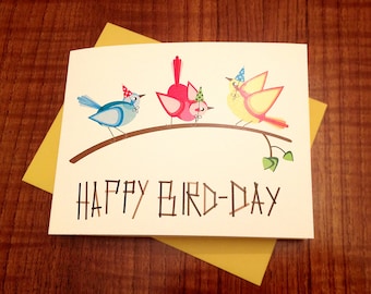 Happy Bird-day Birthday Card Cute Birds with Buttons