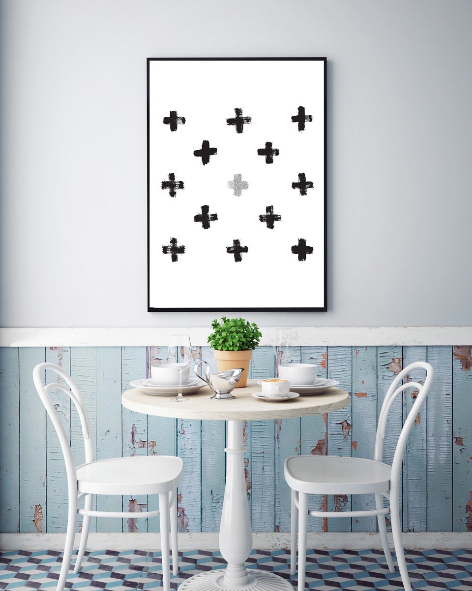 Swiss Cross Pattern Art Black and Silver Watercolor