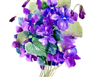 Purple and Blue Violets Art Print Original Handpainted in
