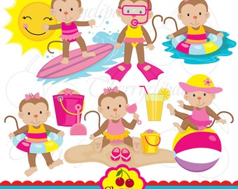 Summer beach time monkeys for boys digital clipart set