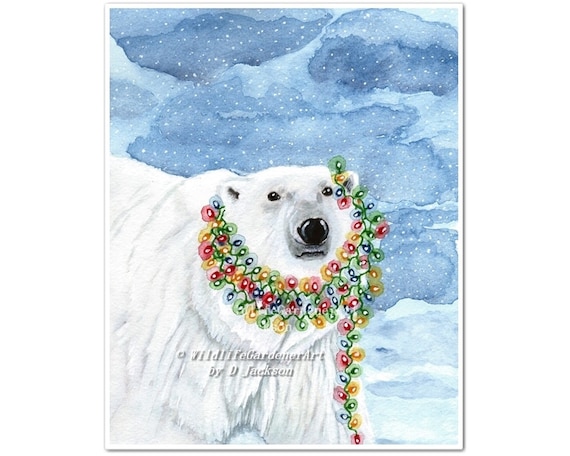 Christmas Polar Bear Watercolor Art Print Whimsical Christmas