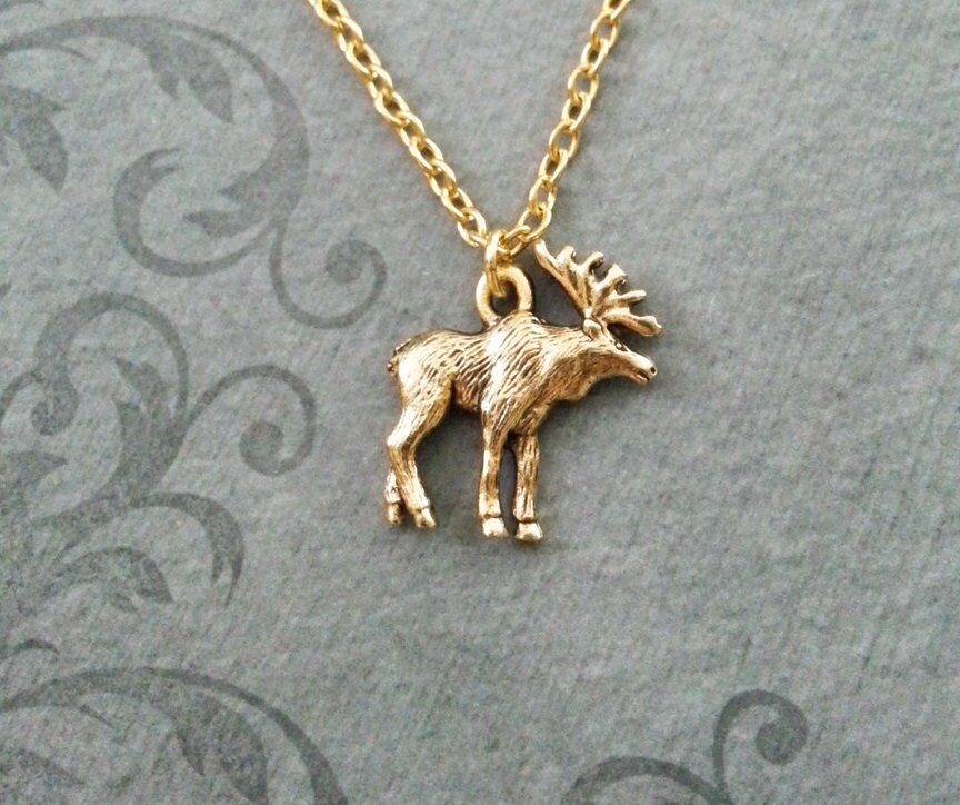 Moose Necklace VERY SMALL Gold Moose Charm Necklace Moose