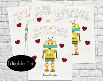 Cute robot valentine's day printable card with treat