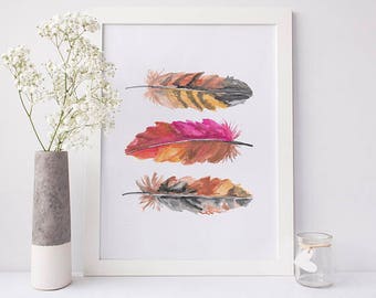 Feather Watercolor Art Print. Boho Style Feather Art. Neutral