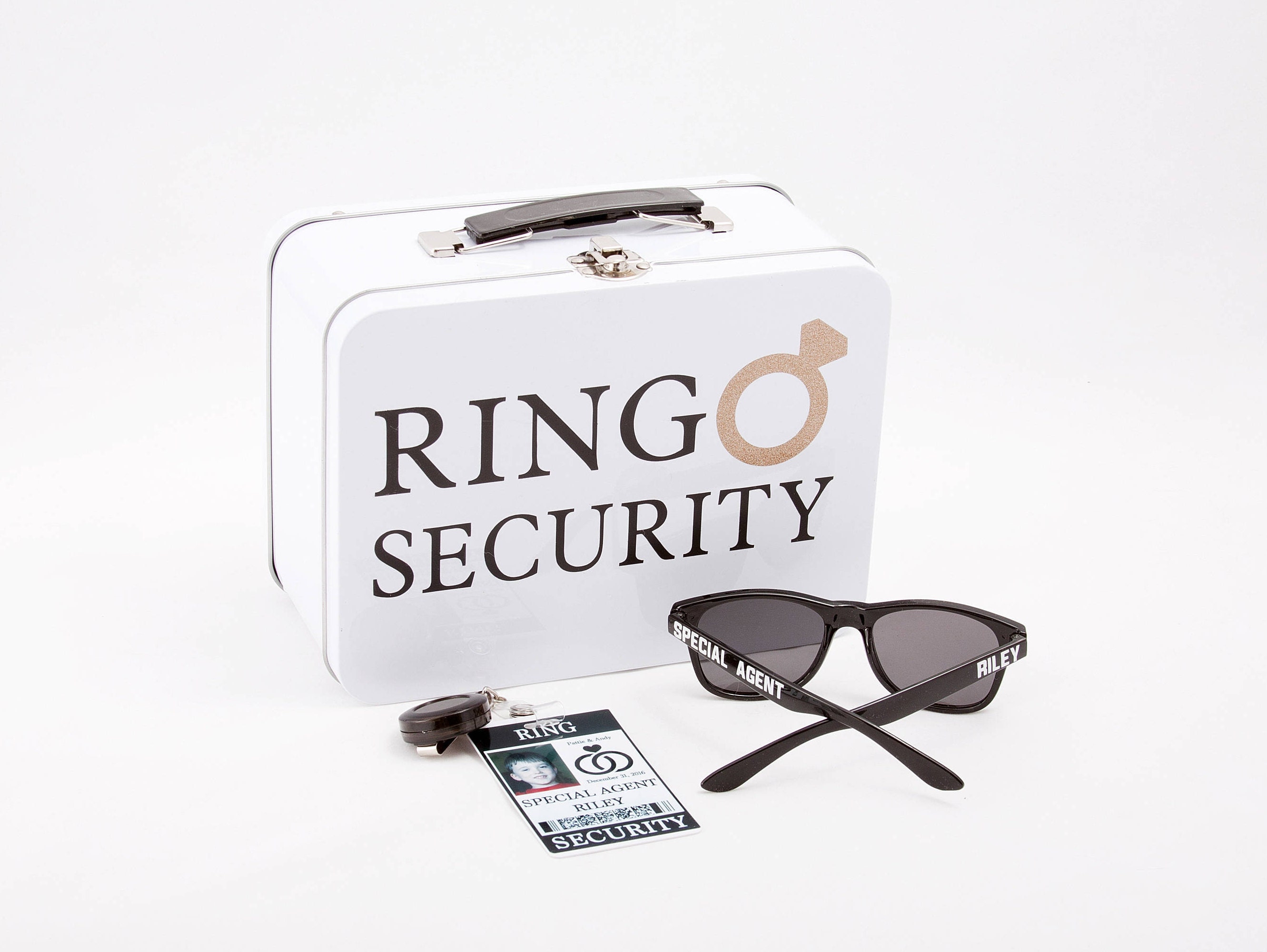 Ring Security Set ID Badge Box with Ring Pillow Sunglasses