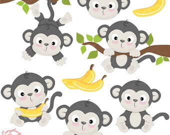 Cute Little Monkey Girl Clipart Set