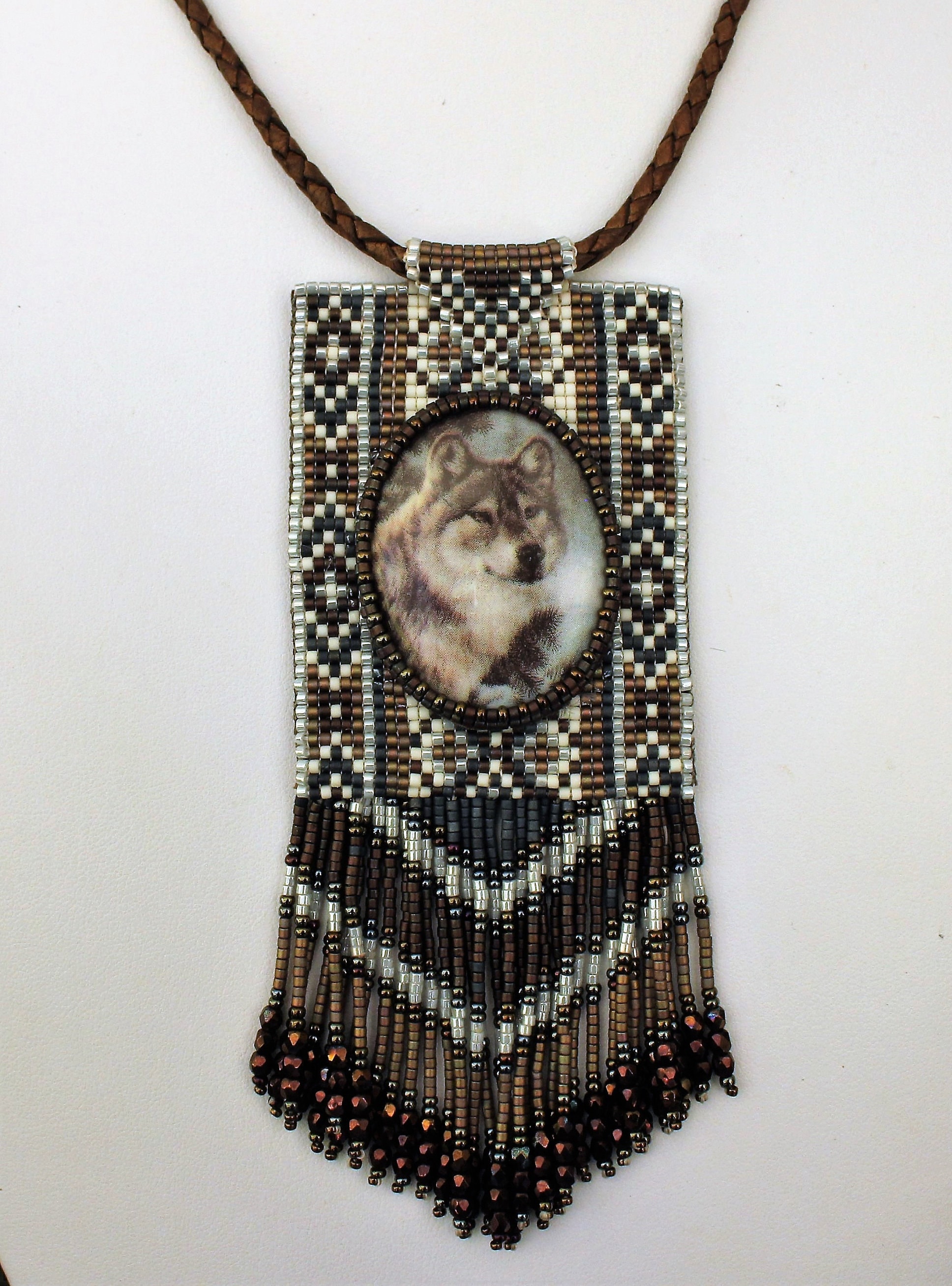 Wolf beaded loom work pendant necklace.