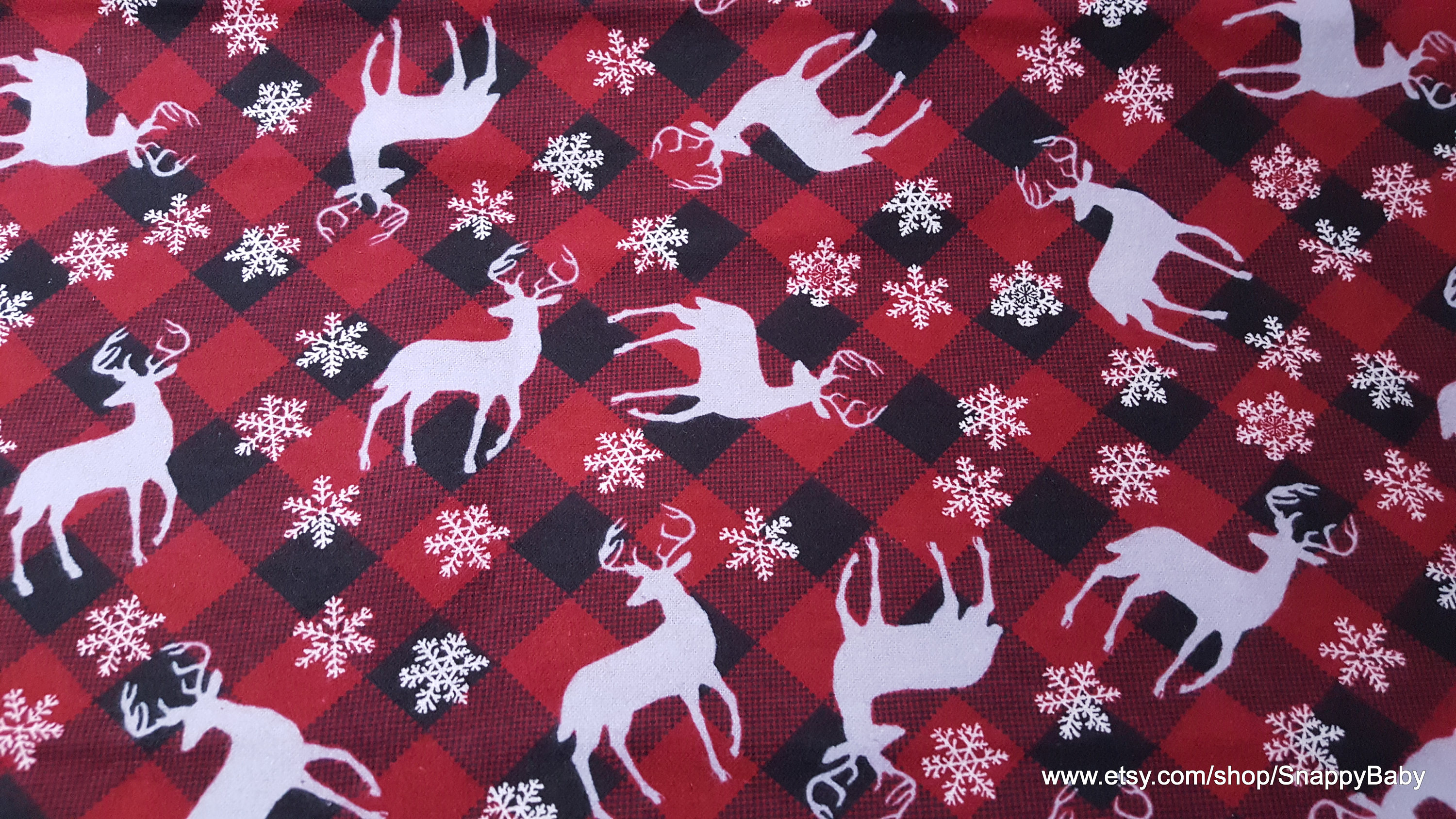 Christmas Flannel Fabric Deer and Flakes Plaid By the yard