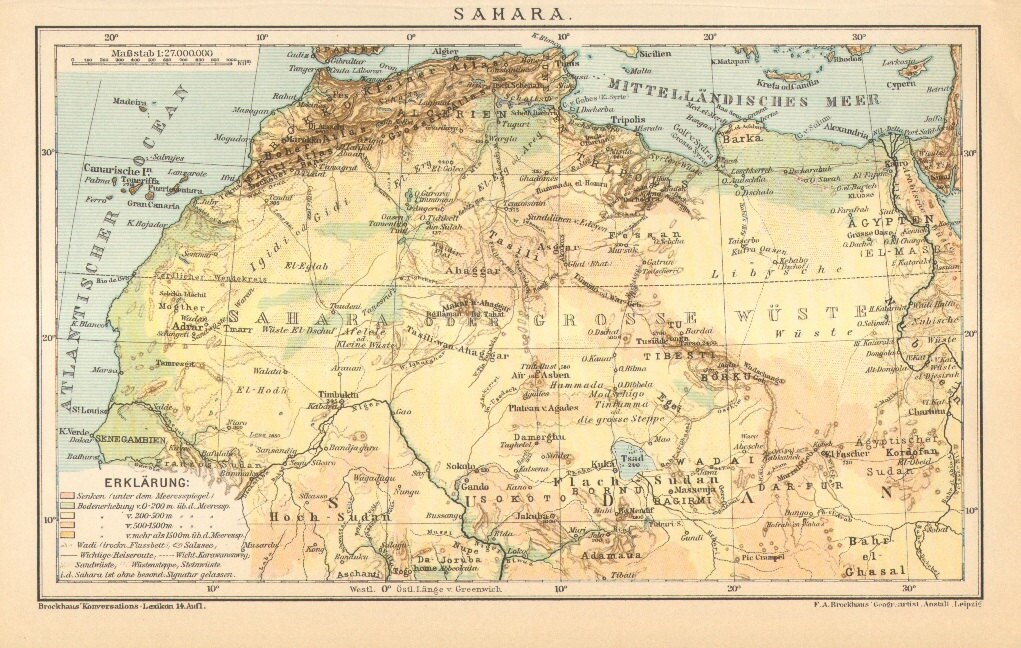 1895 Antique Map of the Sahara The Great Desert