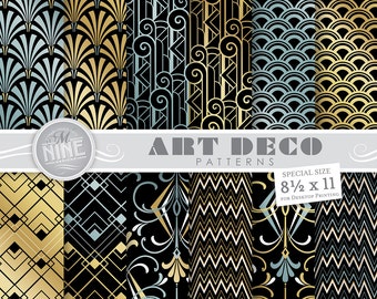 ART DECO Digital Paper: Black & White Gold Art Deco Great