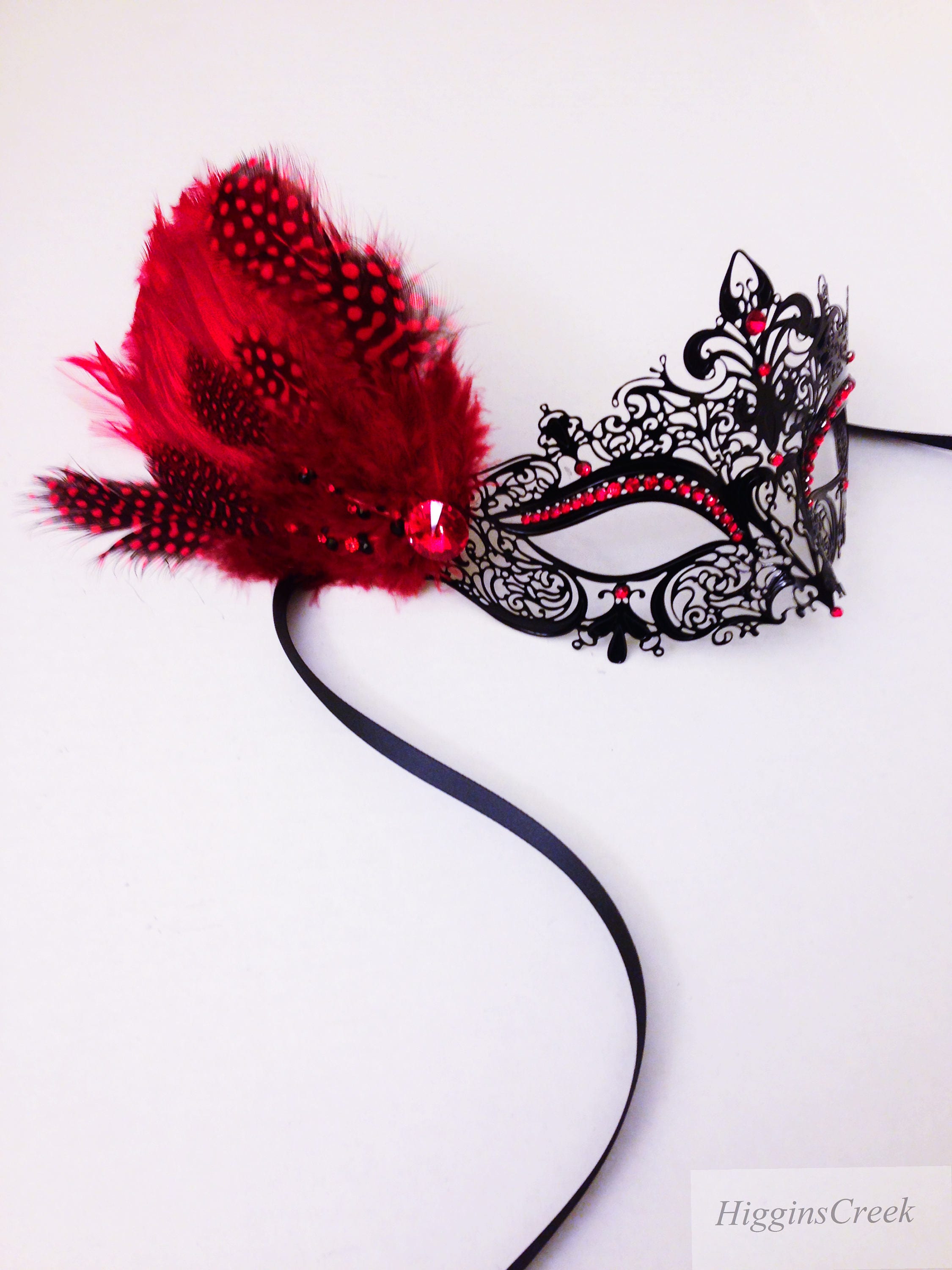 Womens Red Masquerade Mask Red Feathers Masquerade Ball Mask