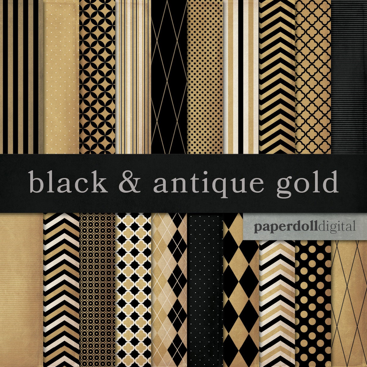 Black and Gold Digital Paper Black and Old Gold Chevron