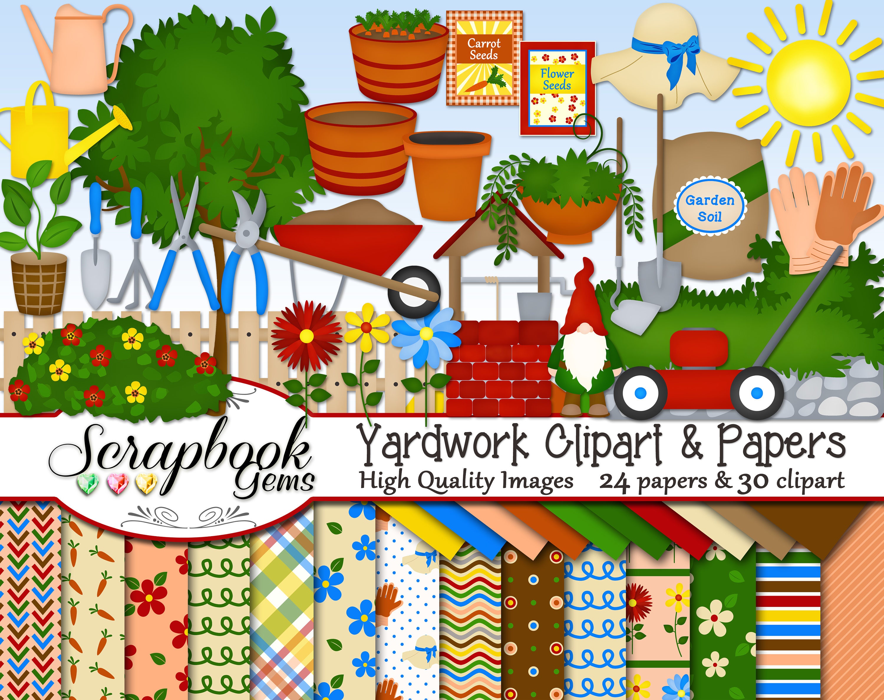 YARD WORK Clipart & Papers Kit 30 png Clip arts 24 jpeg